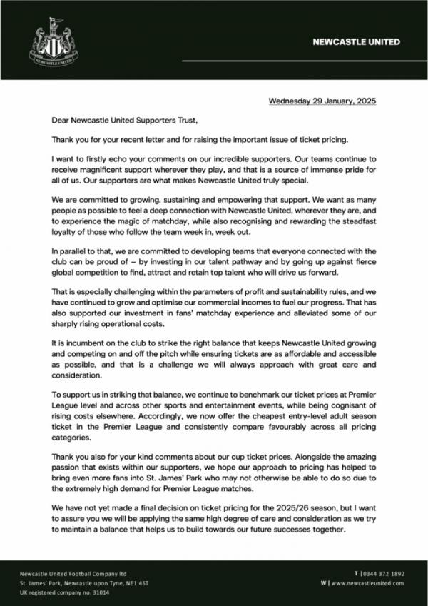 Letter to Darren Eales - Ticket Pricing 2025 - 2026: Newcastle United ...