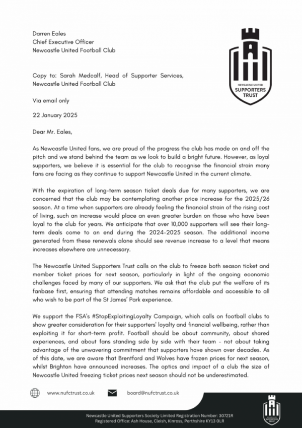 Letter to Darren Eales - Ticket Pricing 2025 - 2026: Newcastle United ...