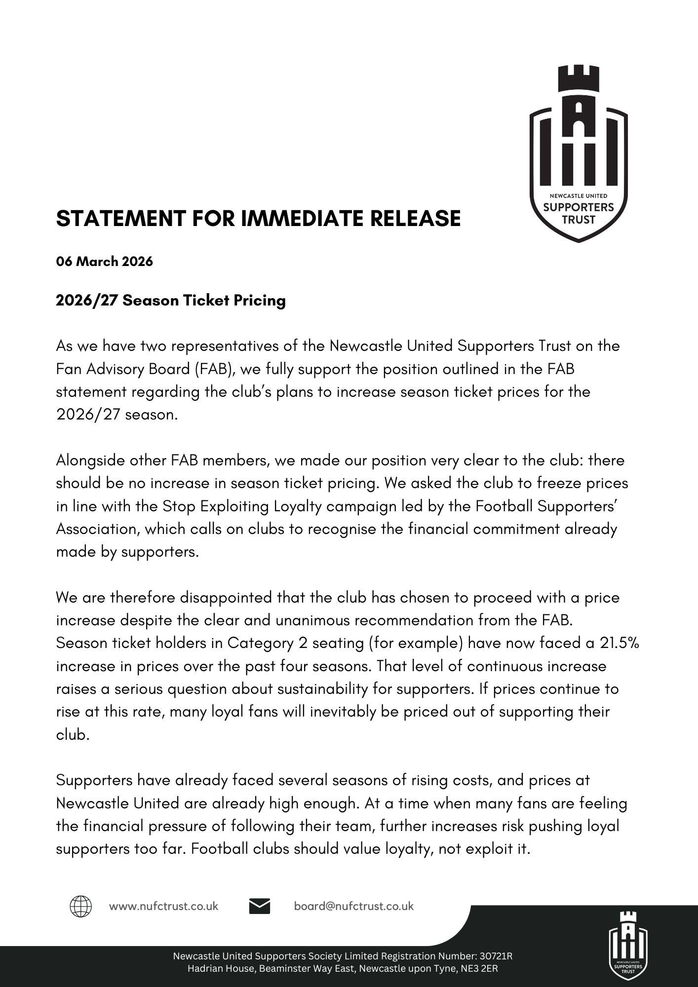 NUST Statement - 2026/27 Season Ticket Price Increases: Newcastle ...